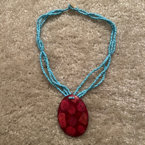 Handmade | Jewelry | Baby Blue Red Necklace Coconut Fossil Shellacked ...